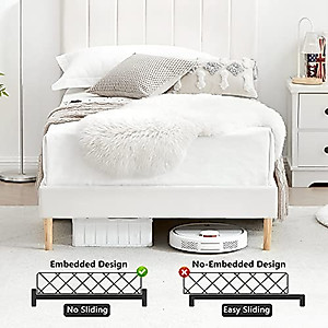 Flolinda Twin Bed Frame with Velvet Upholstered Headboard, Wooden Sprung Slat Support Extend Mattress Life, Modern Platform Bed Frame No Box Spring Needed, Easy Assembly, Cream White