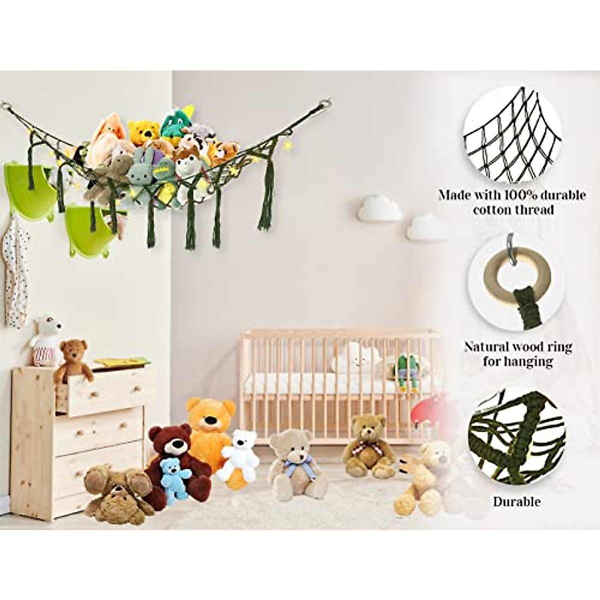 Stuffed Animal Net or Hammock Jumbo - with Warm White LED String Star Lights, Wall Hooks- Stuffed Animal Hammock - Squishmallow Net - Corner Net for Stuffed Animals for Wall - (X-Large - Army Green)