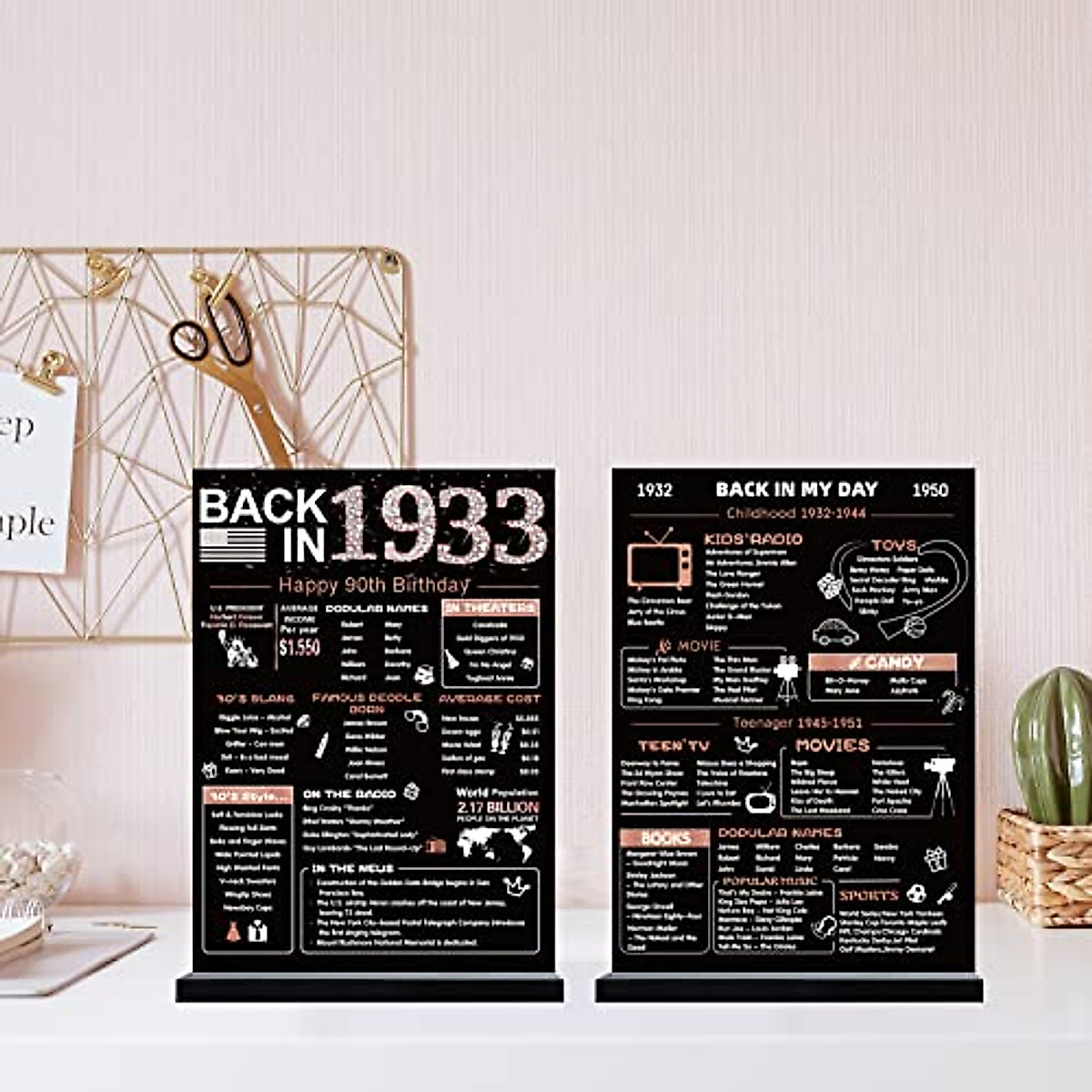 Crenics Rose Gold 90th Birthday Decorations for Women, 2 Pieces Back in 1933 Birthday Poster with Stand, 1933 90th Birthday Gifts Table Centerpieces Party Supplies