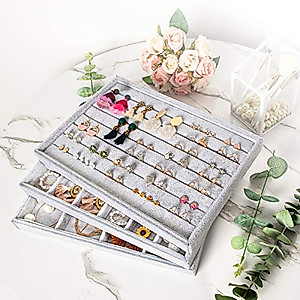 Mebbay Stackable Velvet Jewelry Trays Organizer, Jewelry Storage Display Trays for Drawer, Earring Necklace Bracelet Ring Organizer, Set of 4 (Grey)