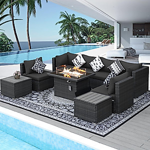 NICESOUL® 9 Pieces Outdoor Patio Sectional Furniture Sofa Set with Fire Pit Table Natural Gas Propane, 29.3'' High Back Modern Large Size PE Wicker Conversations with Fireplaces for Backyard