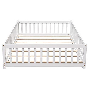 Full Floor Bed for Kids, Montessori Bed Frame with Fence-Shaped Guardrails, Support Slats and Door, Wood Floor Full Bed for Kids,Toddler,Boys Girls, No Box Spring Needed(White, Full Bed Frame)