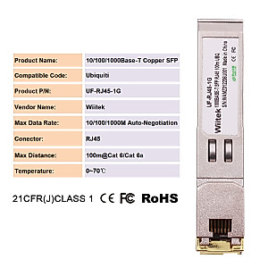 1000BASE-T Gigabit SFP to RJ45, 1G SFP to Ethernet Copper Transceivers Compatible for Ubiquiti Unifi UF-RJ45-1G/uacc-cm-rj45-1g, up to 100m