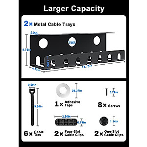 Under Desk Cable Management Tray 2 Pack, Metal Cable Tray Basket for Wire Management, No Drill/Drill PC Cord Organizer for Home Office Computer Desk Cable Hider, 15.75x4.72x4.72in, Black Raceway