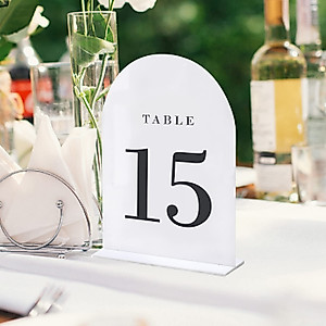UNIQOOO White Arch Wedding Table Numbers with Stands 1-15, 5x7" Acrylic Signs and Holders, Perfect for Centerpiece, Reception, Decoration, Party, Anniversary, Event