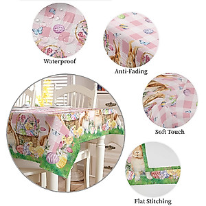 ZEREAA Waterproof Spillproof Rectangle Tablecloth, Pink Plaid Easter Bunny and Floral Spring Theme Table Cover Kitchen, Living Room Dining Table Cloth 60"x84"