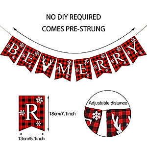 Plaid Be Merry Banner Burlap Christmas Rustic Bunting Banner for Christmas Hanging Decorations