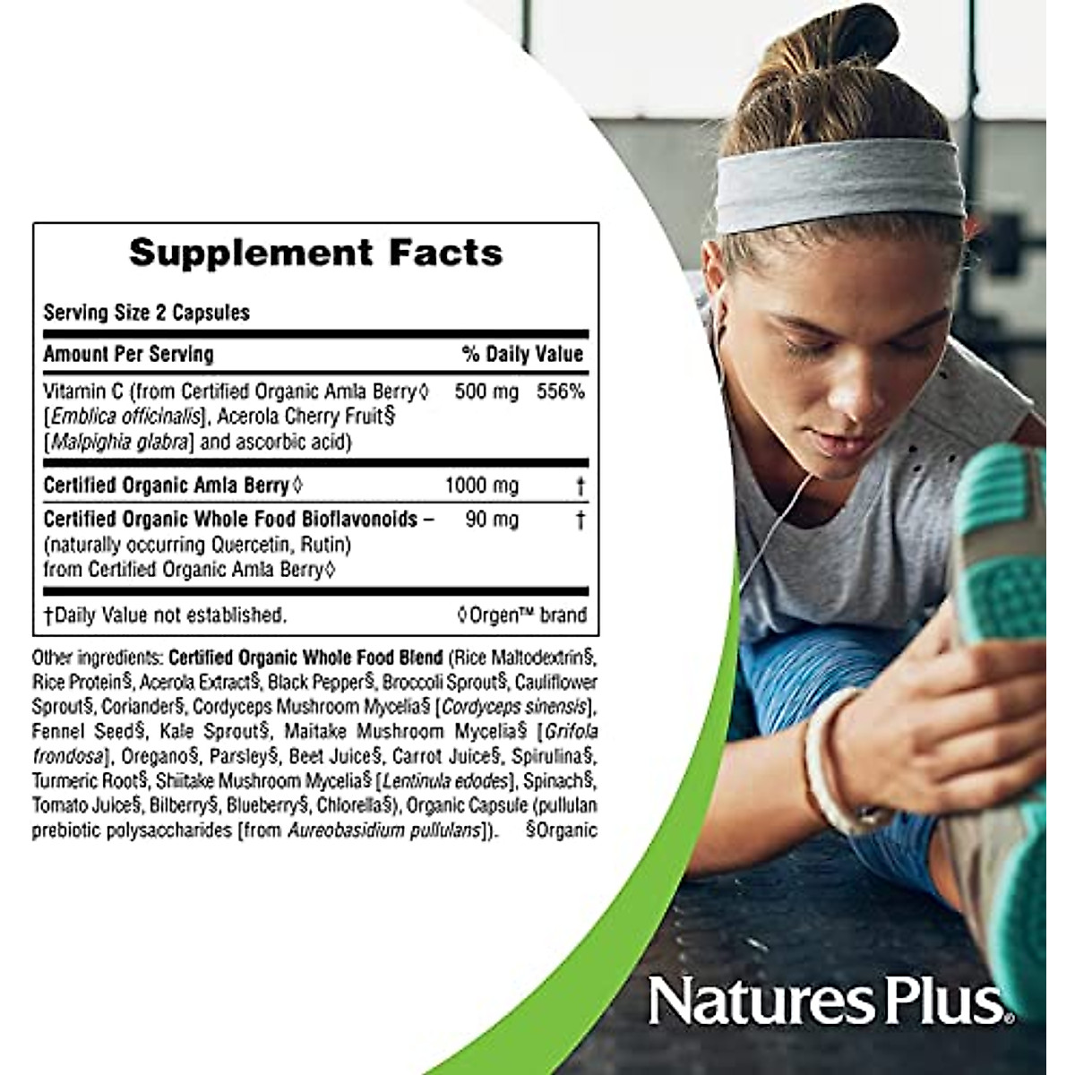 NaturesPlus Source of Life Garden Certified Organic Vitamin C - 500 mg, 60 Vegan Capsules - Whole Food Immune Support Supplement, Antioxidant - Vegetarian, Gluten-Free - 30 Servings