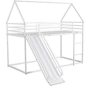 Twin Over Twin Bunk Beds with Slide, Metal Frame House Bunk Bed, Low Twin Bunk Beds with Built-in Ladder, No Box Spring Needed, White