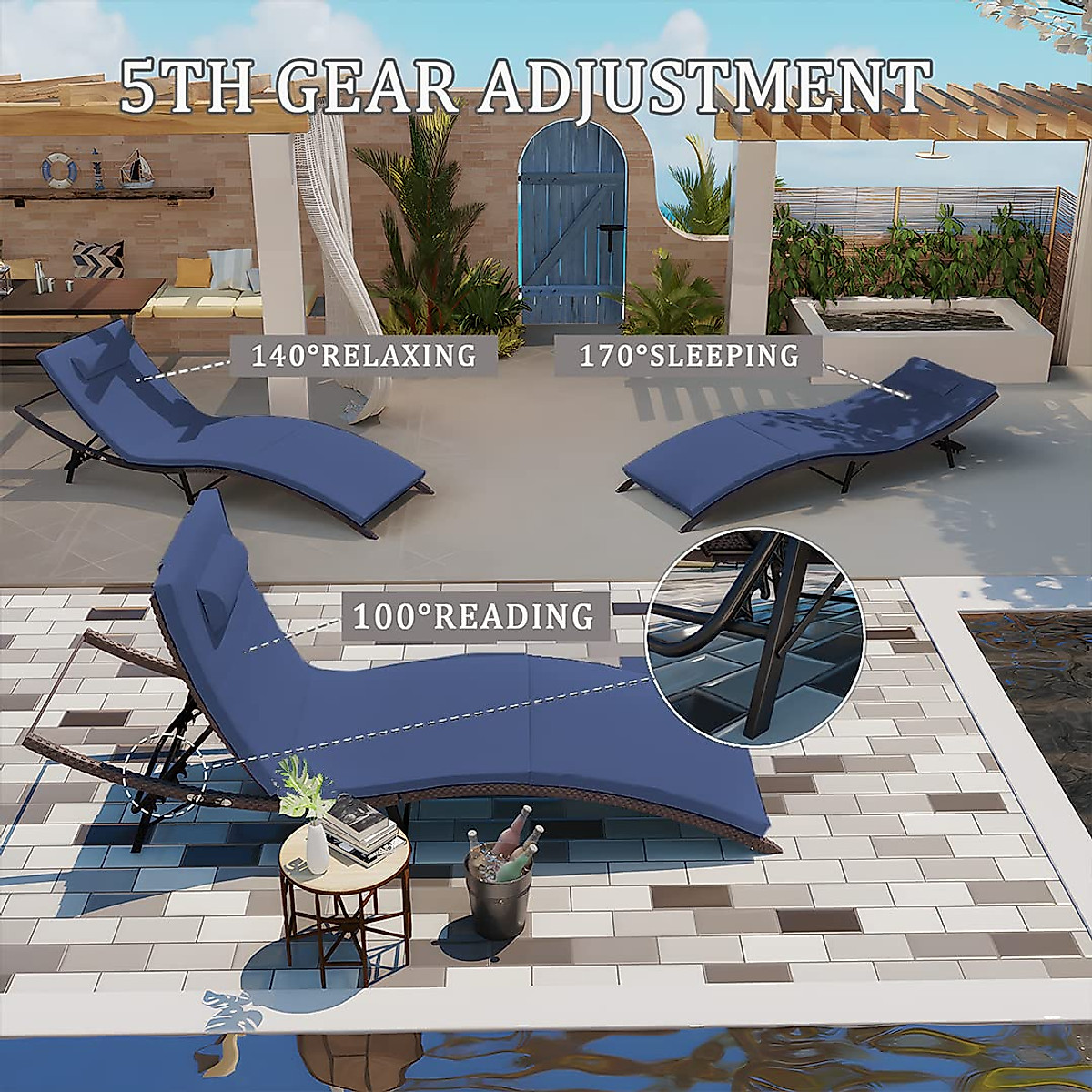 Kullavik Lounge Chair for Outside,3 Pieces Chaise Lounge Outdoor Folding Pool Lounge Chairs including Table Rattan Patio Furniture Set,Dark Blue