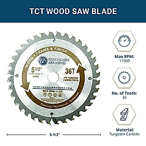 Benchmark Abrasives 5-1/2" 36 Tooth, TCT Wood Cutting Saw Blade for General Purpose Cutting & Trimming of Softwoods, Hardwoods, Long Lasting Blades, Use with Circular Saw (5-1/2" 36T)