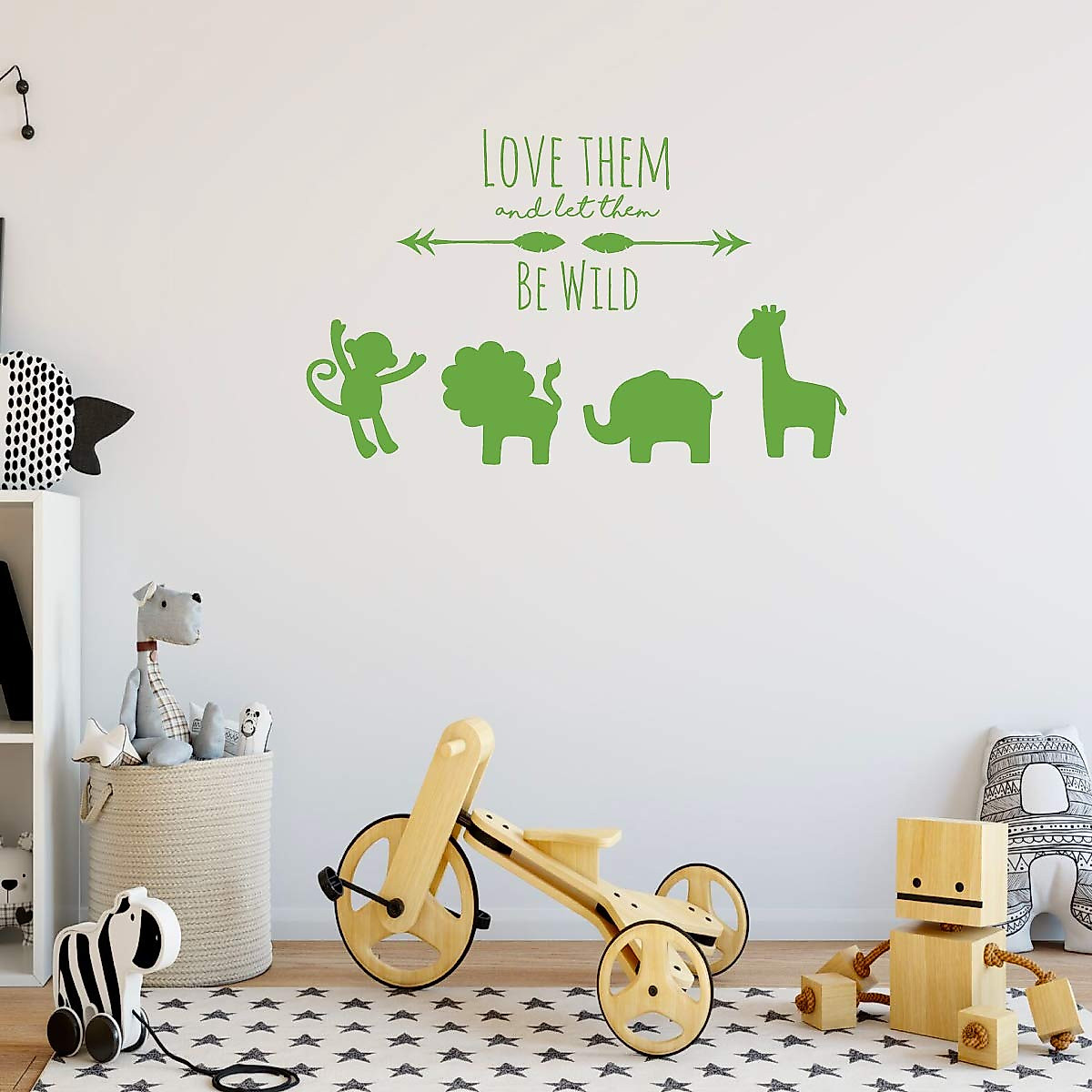 Animal Themed Wall Decal - Love Them Let Them Be Wild - Vinyl Decor for Baby's Nursery, Bedroom Kids Room, Playroom or Classroom – Silhouette of Lion, Hippo, Elephant and Giraffe