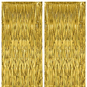 Voircoloria 2 Pack Gold Foil Fringe Backdrop Curtains, Tinsel Streamers Birthday Party Decorations, Fringe Backdrop for Graduation, Baby Shower, Gender Reveal, Disco Party