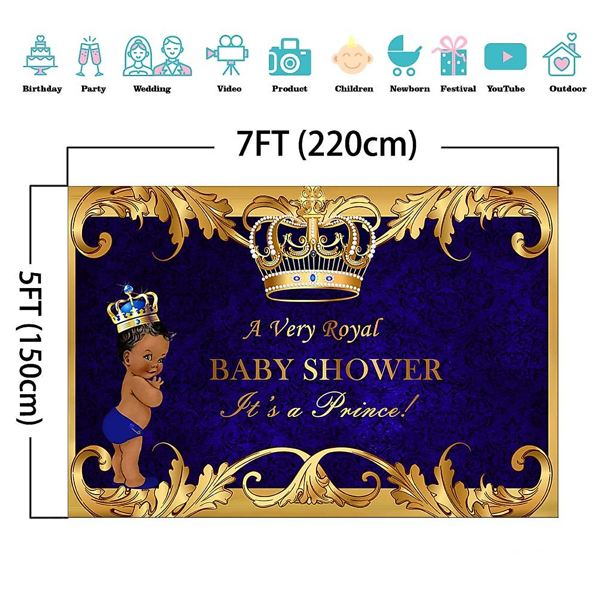 Mocsicka Royal Prince Baby Shower Backdrop Black Boy Gold Crown Photography Background 7x5ft Little Prince Royal Blue Backdrops for Baby Shower Party