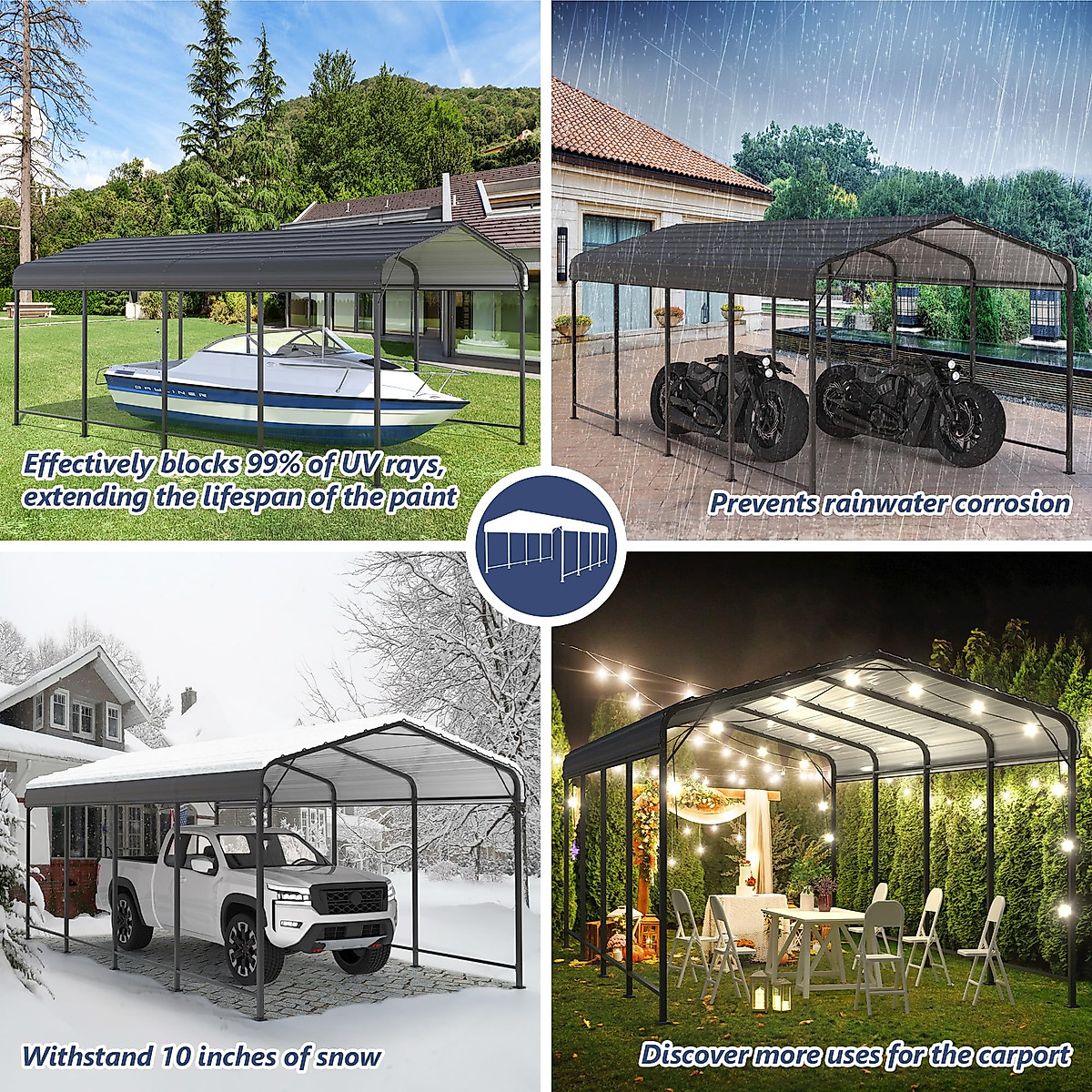 SUNBURY Carport 10 x 20 ft Heavy Duty Metal Carport Canopy with Galvanized Steel Roof, Outdoor Garage Car Shelter Shade for Car, Truck and Boats, Grey