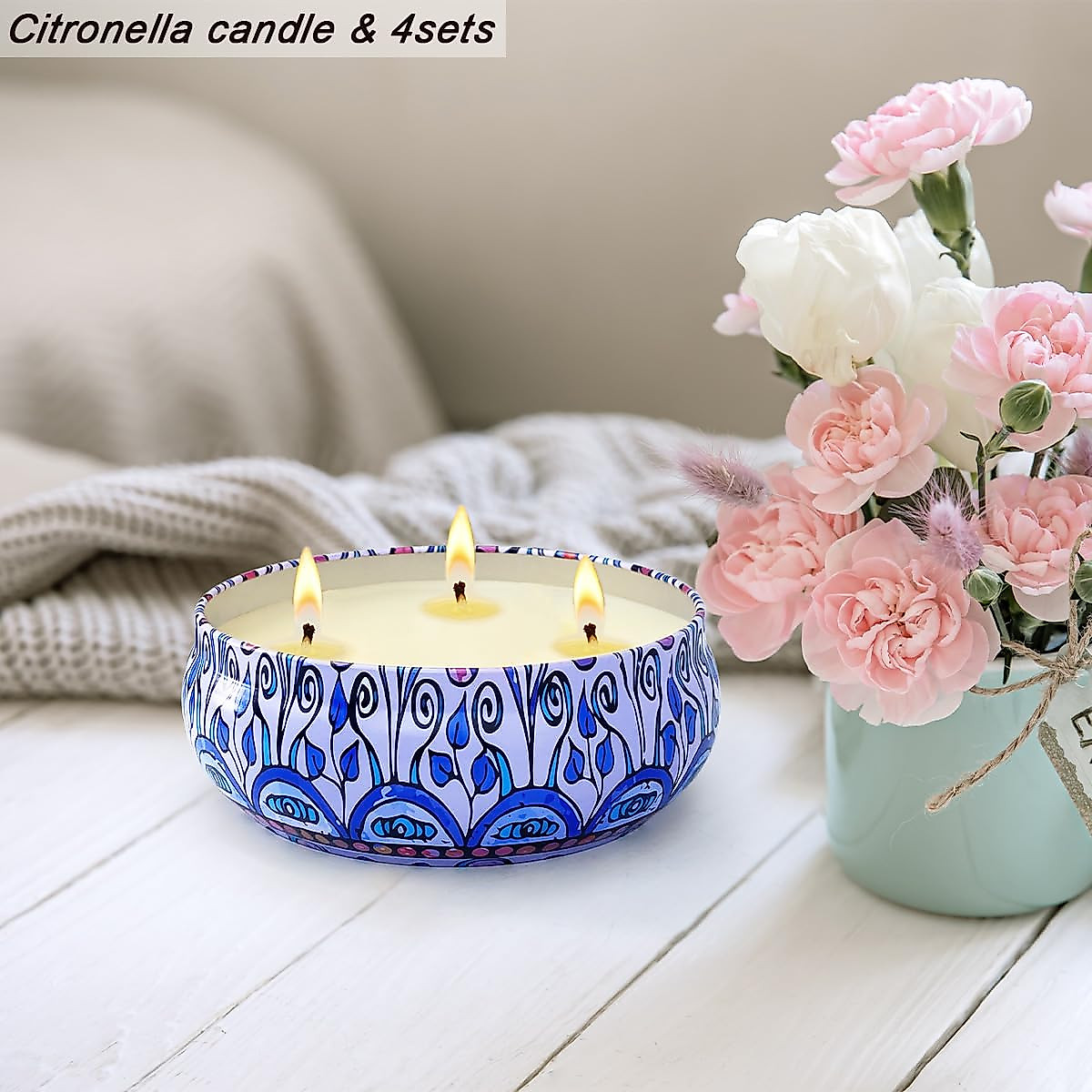 Indoor Citronella Candle, 4 x 14 oz 3 Wick, Outdoor Portable Travel Jar Candle, Powerful Lemongrass Essential Oil Soy Wax for Garden, Patio, Deck, Camping, Porch