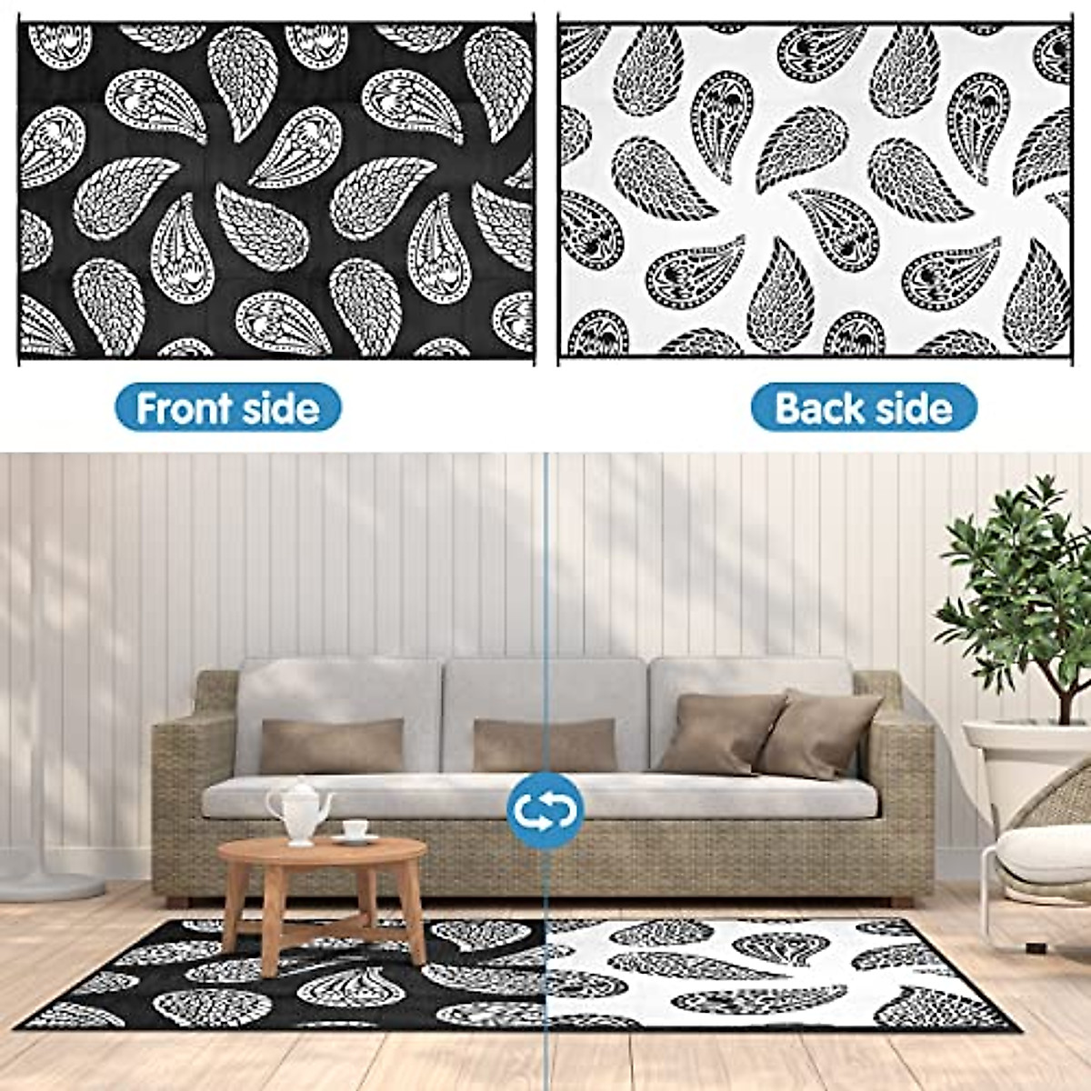 Deeliva Outdoor Camping RV Rug Mat, 9'x12' Waterproof Large Camper Rug Reversible Plastic Straw Rug Outdoor Rugs for Camping, RV, Patio Clearance, Deck, Picnic, Beach (Black & White, Paisley)