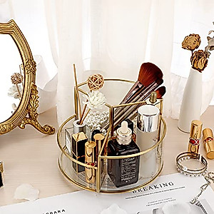 Hipiwe 360 Rotating Makeup Organizer 3-Slot Gold Glass Cosmetic Display Case Round Vanity Storage Holder Dresser Bathroom Organizer for Prefume Makeup Bushes Lipsticks