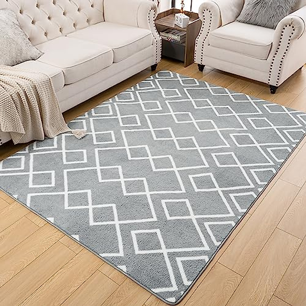 Toneed Geometric Rug for Living Room Bedroom, 5 x 7 Feet Gray Shag Moroccan Area Rug Soft Low Pile Rug Modern Indoor Carpet for Dorm Nursery Kids Room Home Decor