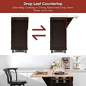 GOFLAME Kitchen Island Cart with Drop Leaf, Rolling Kitchen Cart on Wheels with Rubber Wood Top, 3 Drawers, Towel & Spice Rack, 2-Door Cabinet, Serving Trolley Cart for Kitchen Dining Room (Brown)