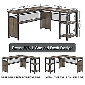 FATORRI L Shaped Computer Desk, Industrial Home Office Desk with Shelves, Rustic Wood and Metal Corner Desk (Walnut Brown, 59 Inch)
