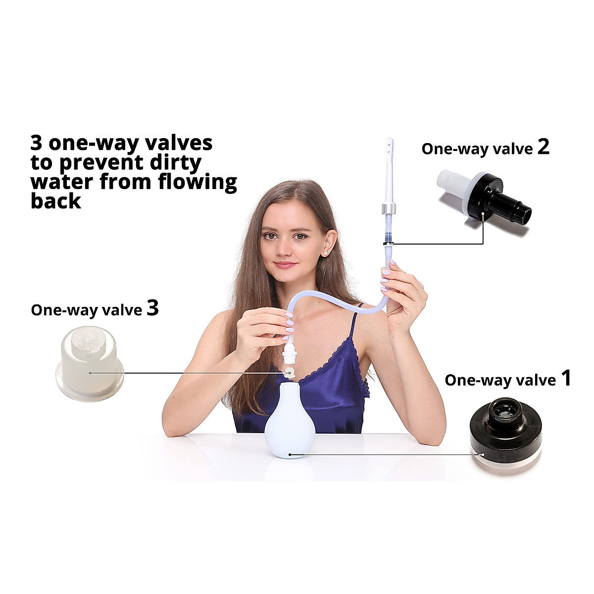 RVDKBULB Natural Vaginal Cleansing System with 3 One-Way Valves - Vaginal Douche for Women, 18 inches Long Hose, Free of PVC & Phthalates & BPAs, 12 Fl Oz, White