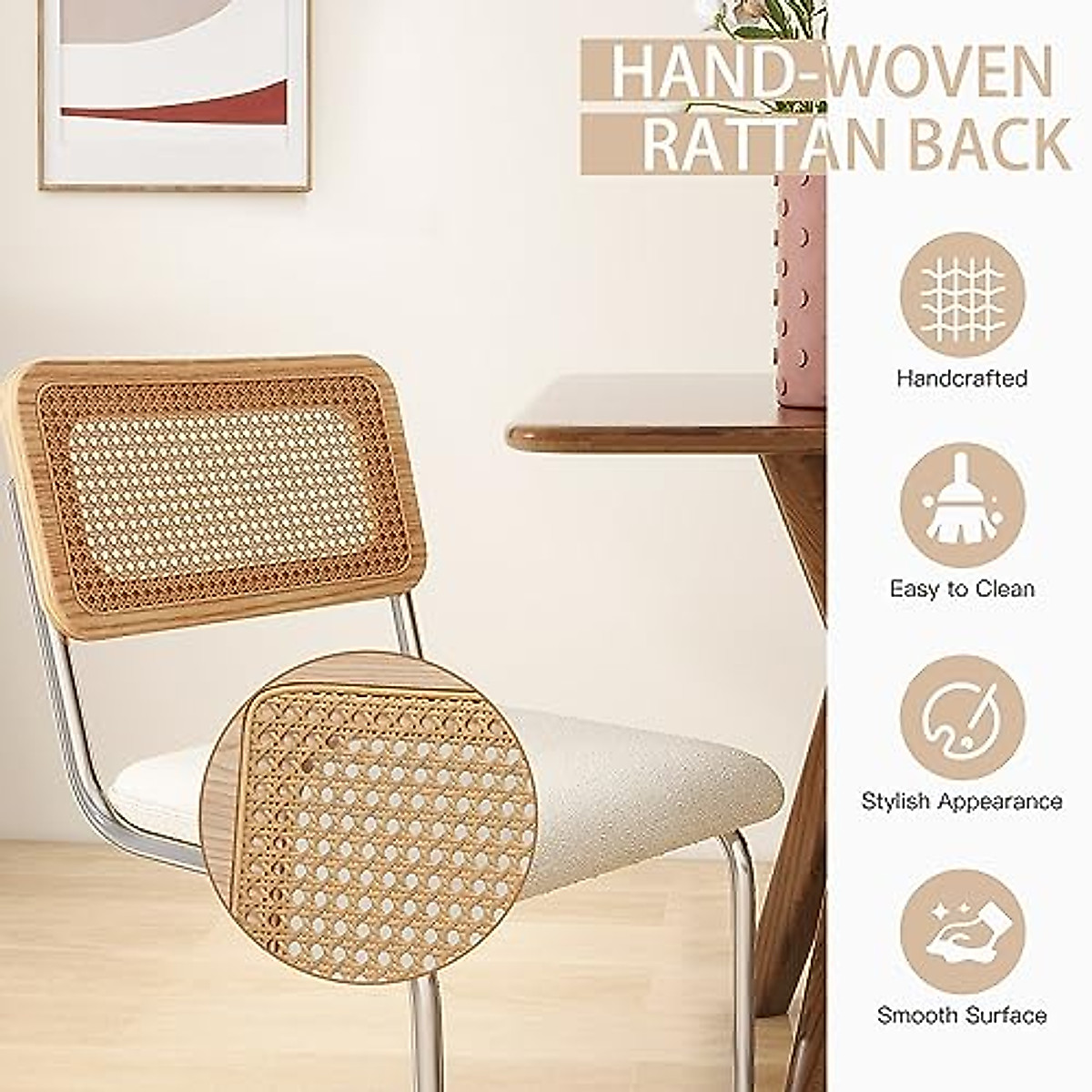 SWHSE 32.5" Rattan Dining Chairs Set of 4, Upholstered Boucle Mid-Century Modern Dining Chairs Set of 4 with 3-Layer Thickened Cushion and Galvanize Tube Frame for Dining Room, Kitchen (White Boucle)