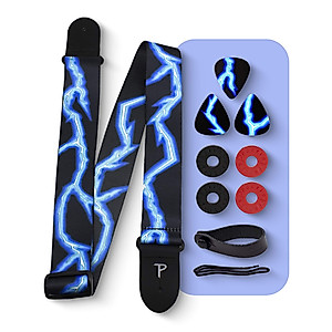 Perri's Leathers Guitar Strap - Bundle - BONUS- 3 Medium 0.71mm Picks, 1 Leather Acoustic Adaptor, 4 Strap Locks & Shoelace… (Blue Lightning)