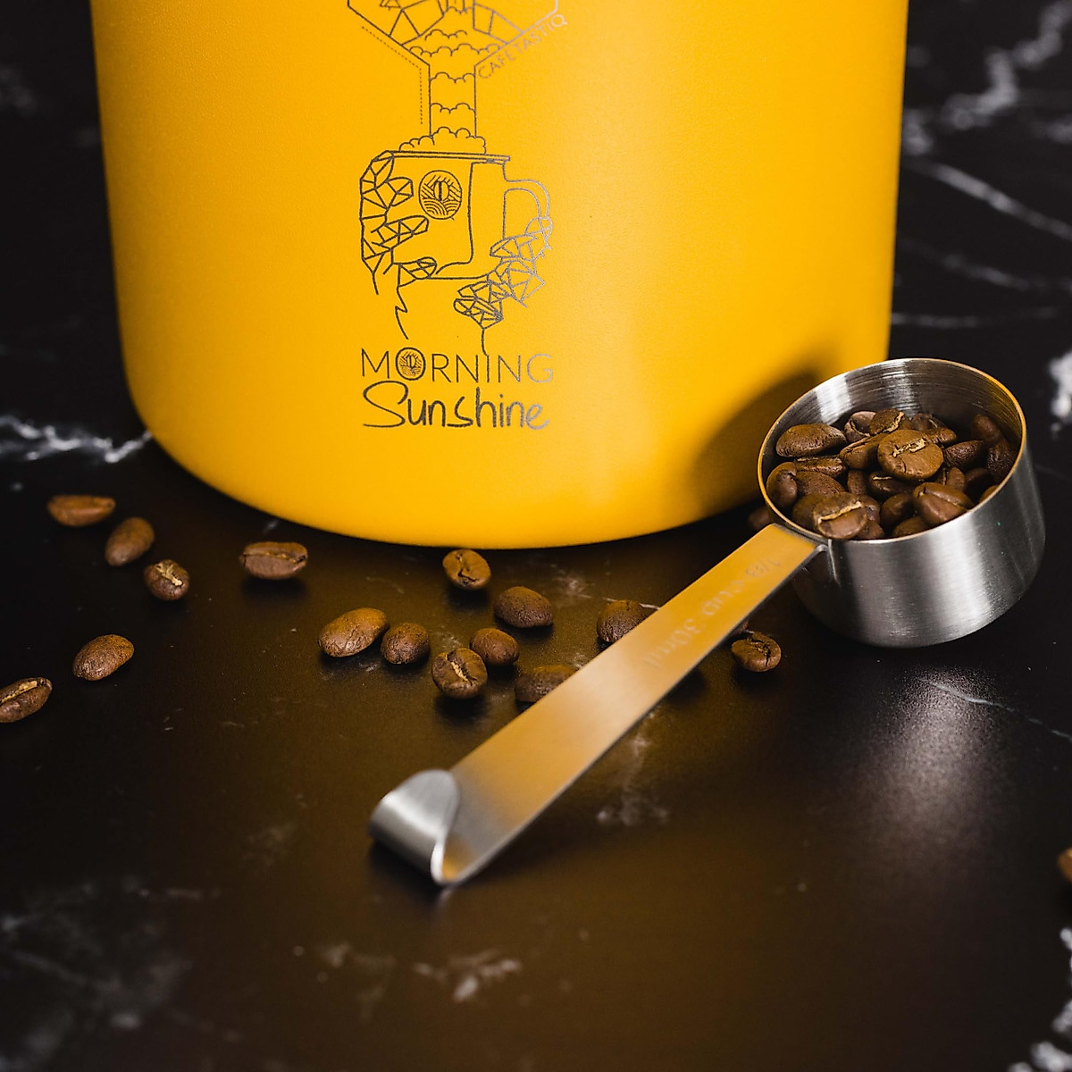 CafetastiQ 38oz / 22oz Coffee Canister – Airtight Stainless Steel Storage Container with Date Tracker & Scoop, Sealed Jar for Grounds, Beans, Tea, Flour, Cereal, and Sugar (Yellow Morning, 38OZ)