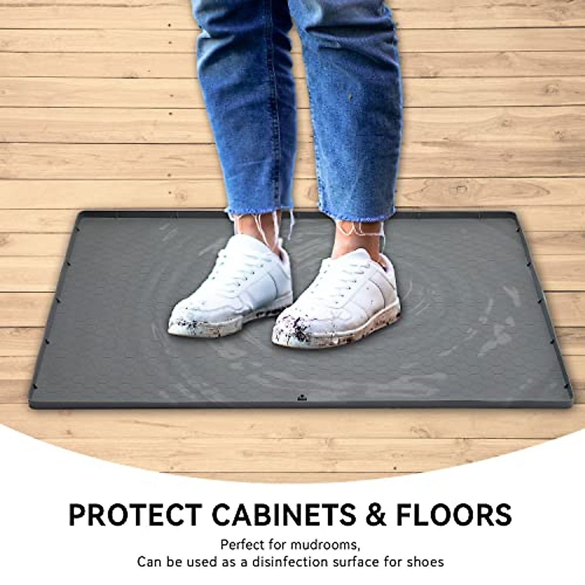 OFCTACK Under Sink Mat Silicone Waterproof Kitchen Cabinet Protectors with Unique Drain Hole Design Bathroom Under Sink Liner Shelf Mats (S, grey)