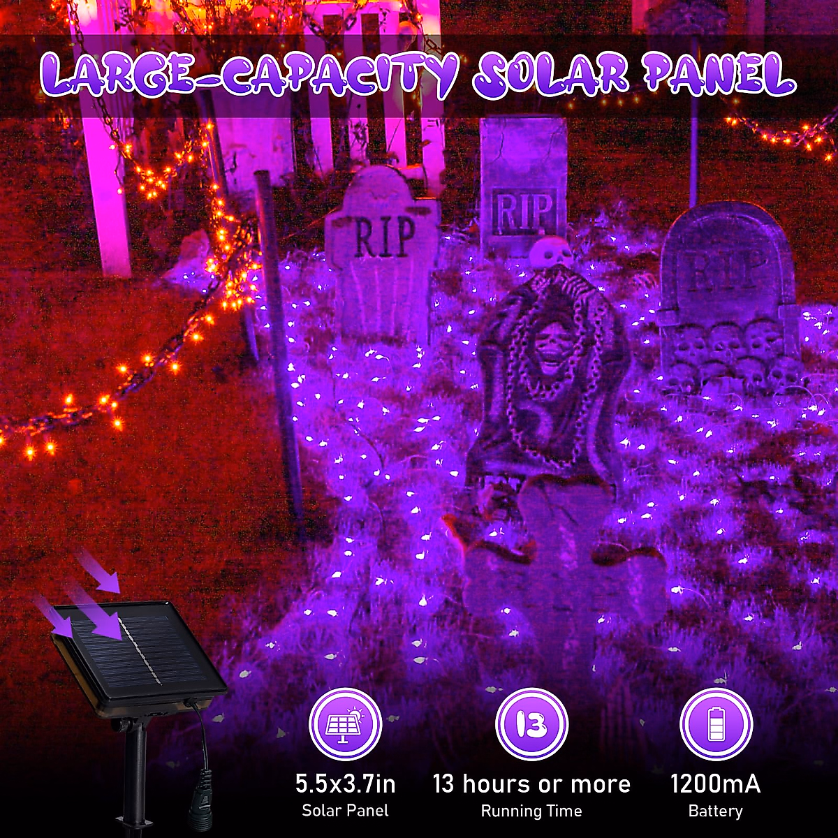 JMEXSUSS Purple Solar Halloween Lights Outdoor, 320 LED 9.8ft x 6.6ft Solar Net Lights Outdoor Waterproof, Purple Solar Lights with 8 Modes Remote for Halloween Decorations
