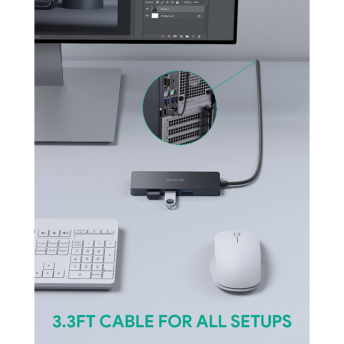 4 Port USB Hub 3.0, HOYOKI USB Splitter for Laptop,Ultra Slim Data USB Hub with 3.3ft Extended Cable, USB Hub Compatible with MacOS/Windows Laptop, PC, PS4, Flash Drive, Mouse, Keyboard, Printer, HDD