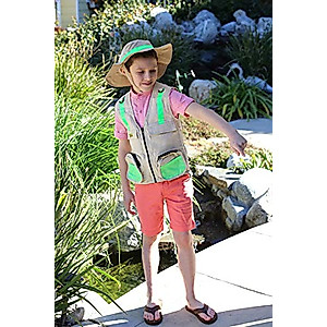 Eagle Eye Explorer S/M Combination Set Safe for Boys and Girls: 1 Tan Cargo Vest for Kids with Reflective Safety Straps & 1 Floppy Bucket Sun Hat with Chin Strap. Color: Tan