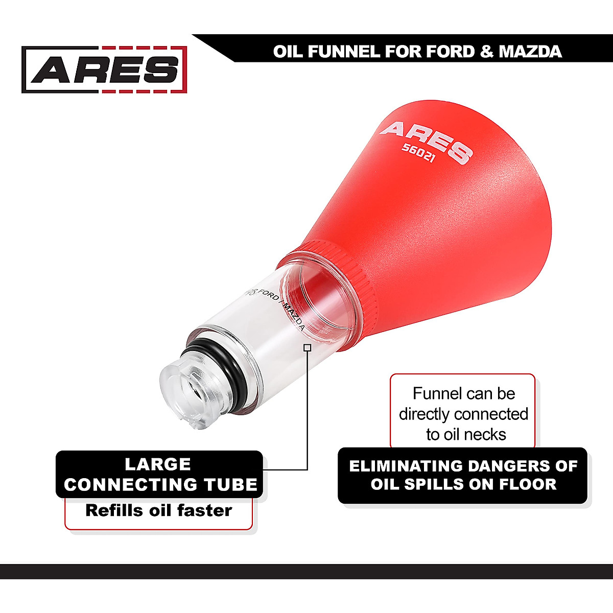 ARES 56021 - Oil Funnel for Ford and Mazda - Spill-Free Oil Filling - Easy to Use 1-Person Design - Fits Multiple Applications