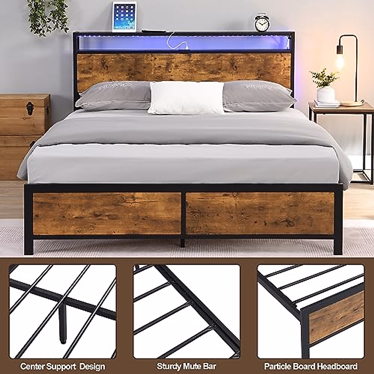 Modern Industrial Queen Bed Frame with LED Lights and 2 USB Ports, Metal Platform Bed Frame Queen Size with Storage, Noise Free, No Box Spring Needed, Strong Steel Slats Support, Rustic Brown (Queen)