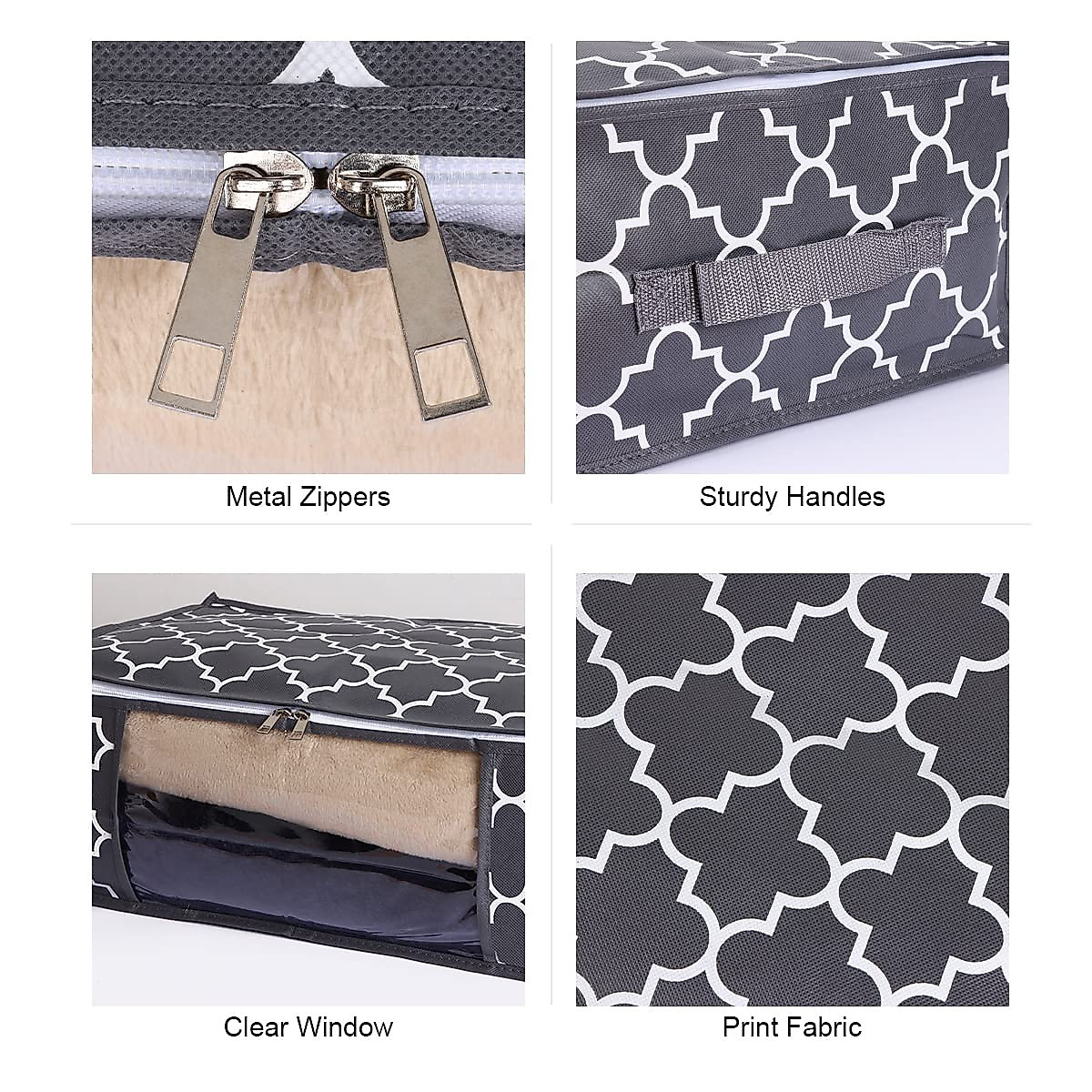 Fixwal Storage 4 Pack, Clothes Organizer Storage Bags, Foldable Storage Box with Large Clear, Foldable Comforter, Sheet Storage, Reinforced Handle, Sturdy Zippers, Clear, Blankets, 35L, Grey Pattern
