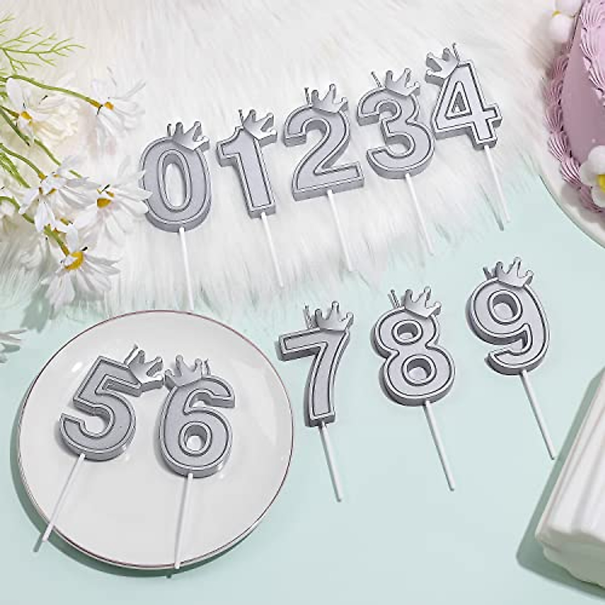 3inch Crown Number Candle, 3D Birthday Number Candle Cake Topper with Crown Cake Numeral Candles Number Candles for Birthday Anniversary Parties (Silver, 1)
