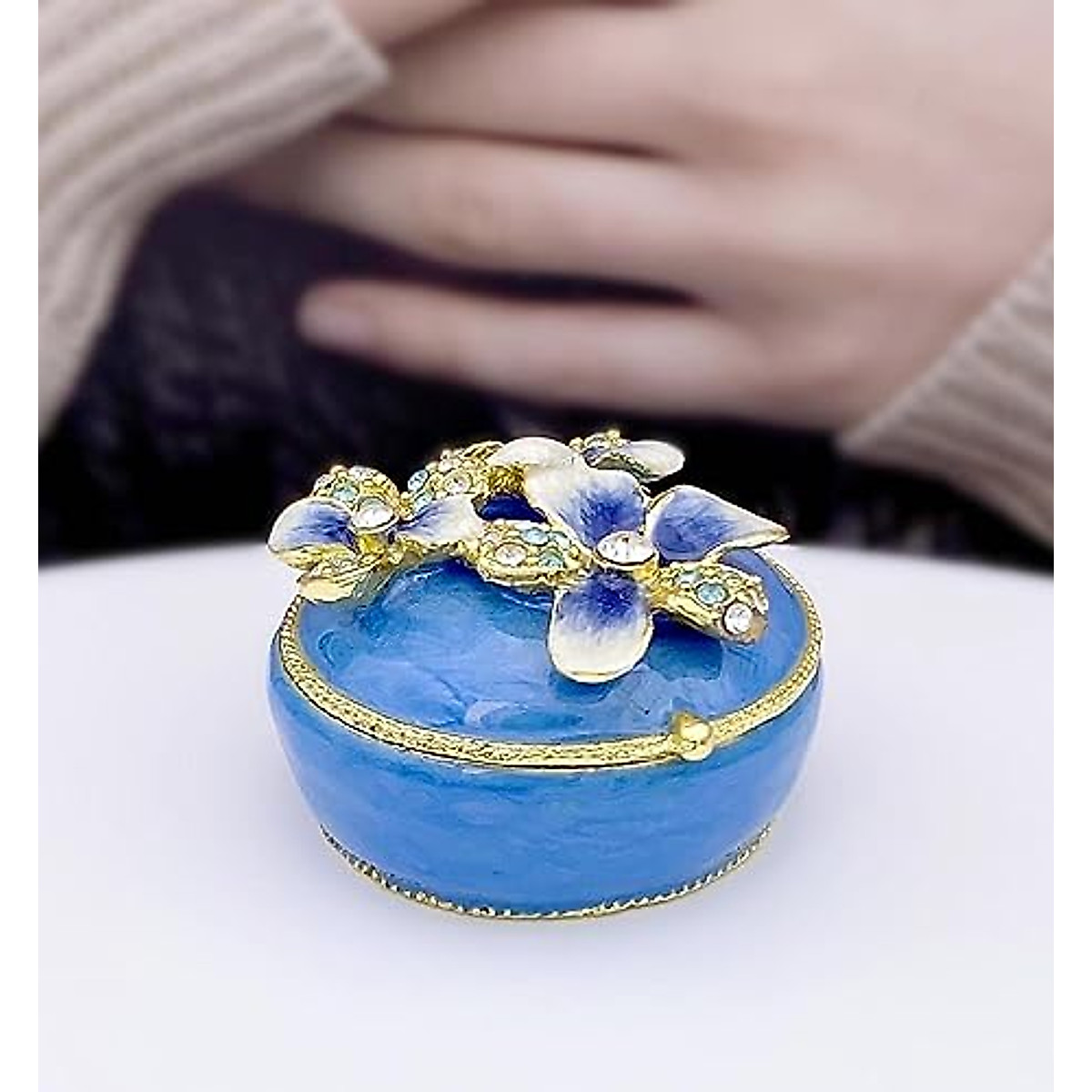 JWT Astyle Orchid Flower Blue Trinket Boxes Hinged Small Jewelry Box with Crystals.Collectible Trinkets Home Gift Enamel Decorative Tiny Keepsake Box Decor Necklace Rings Earrings Organizer.