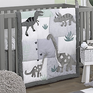 NoJo Baby-Saurus Gray, White, and Green Triceratops, Brontosaurus, and Tyrannosaurus Dinosaurs with Mountains and Leaves 4 Piece Nursery Crib Bedding Set - Comforter, 100% Cotton Fitted Crib Sheet, Crib Skirt, and Storage