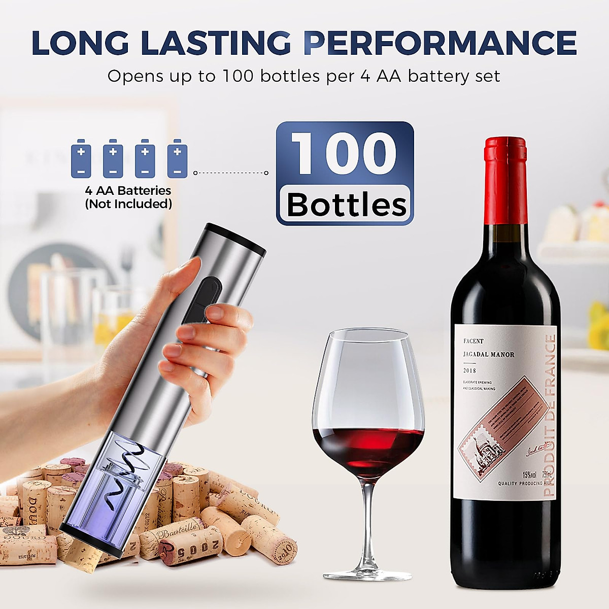 [6-IN-1] Electric Wine Opener, Battery Operated Wine Bottle Opener with Foil Cutter, Wine Aerator, Vacuum Stopper, Storage Base & Carrying Case, Ideal Wine Accessories for Wine Lovers, Stainless Steel