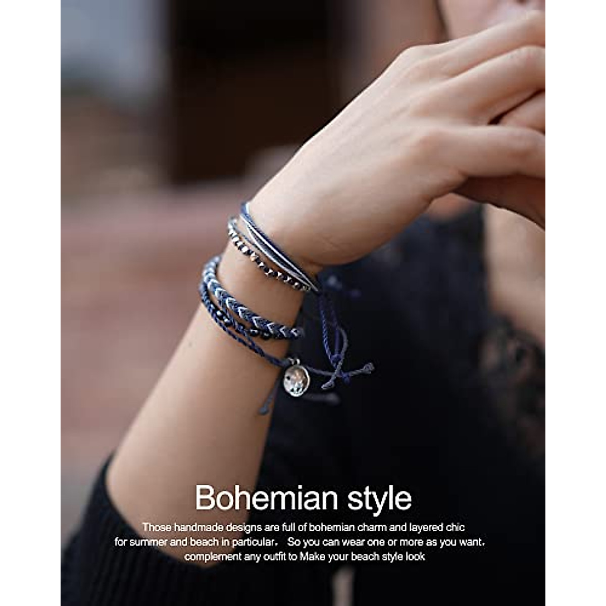 Mezcla Vida Bohemian Starfish Charm Silver Zinc Beaded Waterproof Rope Surfing Bracelets Sets For Women Teen Girls, Beach Handmade String Jewelry (GREY-BLUE)