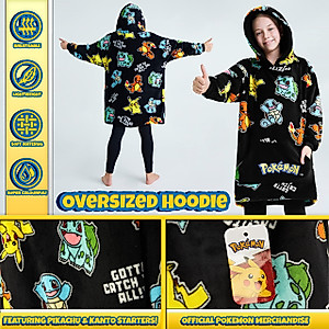 Pokemon Oversized Hoodie Blanket for Kids, Pikachu Gifts for Boys (Black Aop)