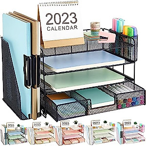 gianotter Paper Organizer with File Holder for Desk, 4 Tier Letter Tray Office Desk Organizers and Accessories - Workspace Organizers with Drawer and 2 Pen Holder for Office Supplies (Black)