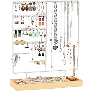 ProCase Jewelry Organizer Stand Earring Holder Organizer, 6 Tiers Earring Organizer Tree Necklace Rack Jewellery Tower Bracelets Holder Storage with Removable Wooden Ring Tray for Women Girls -White