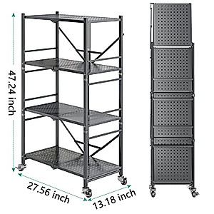 4-tier Storage Shelves for Storage,foldable Collapsible Metal Shelving with Rotational Wheels, Standing Storage Unit Utility Shelf Racks Rolling Cart for Laundry Bathroom Kitchen Pantry Closet, Grey