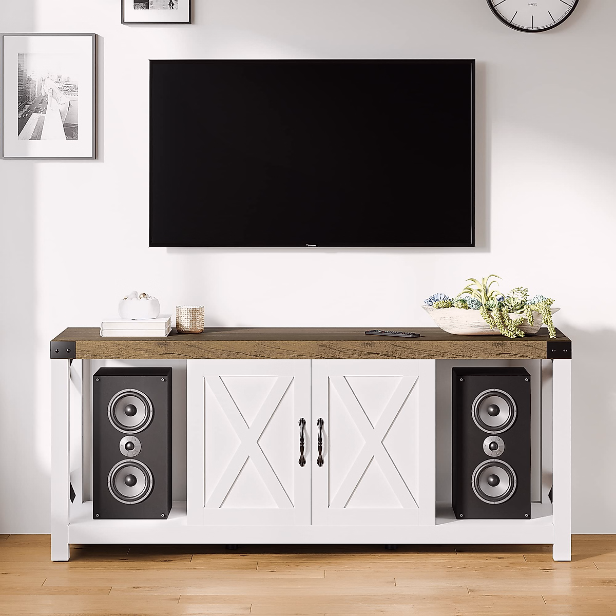 GAOMON 58 Inch TV Stand for TV up to 50 60 65 Inches, Farmhouse Wood Stand TV Cabinet Entertainment Center with Storage and Adjustable Shelves, 59 x 25 x 16 inches (White)