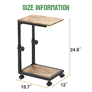 NATFAIRY C Shaped End Table with Rolling Wheels, Height Adjustable Sofa Side Table for Small Space Bedroom, Industrial TV Tray Couch Table Cart for Living Room, Retro Brown & Black