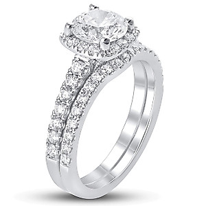 AHTAMOS Bridal Set 2-1/5 CT TW Round Cut Moissanite Engagement Ring Wedding Band Set for Women Platinum Plated Silver Size 7.5