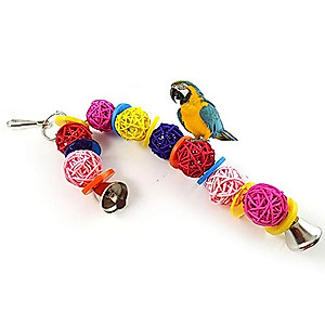 SONGBIRDTH Parrot Chew Toys - Multicolor Rattan Balls Bell Parrot Bite Play Toy Pet Bird Cage Hanging Decor for Medium and Small Parrot Random Color