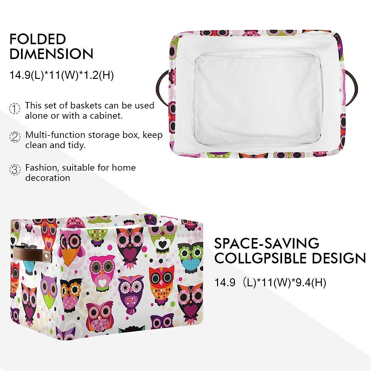 Rectangular Storage Bin Cute Owl Basket with Handles - Organizer Bin for Toys, Books, Laundry Basket for Kids/Pets, Playroom